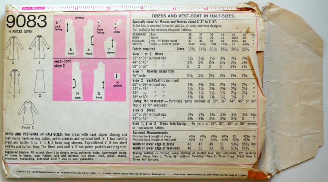 1970s Simplicity Vintage Sewing Pattern 9083, Size 16.5 Dress and Vest ...