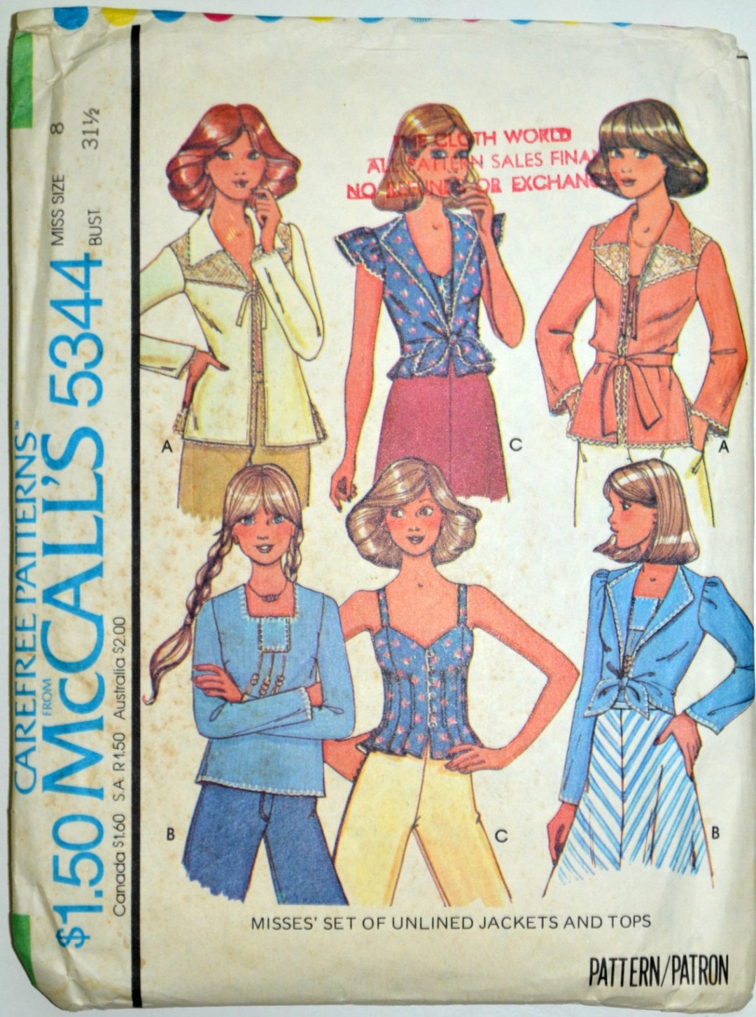 1970s Mccall's Vintage Sewing Pattern 5344, Size 8 Misses' Set of ...