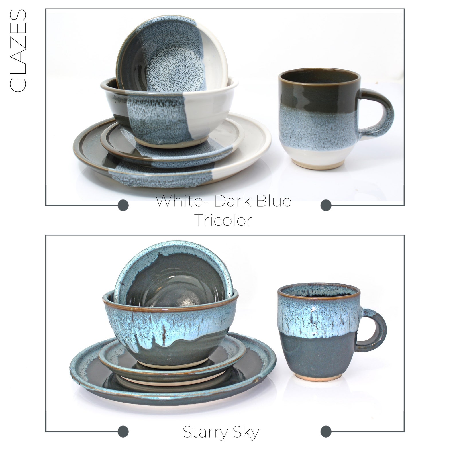 Blue Stoneware Dinnerware Set of 4, Pottery Dinnerware Set Rustic ...