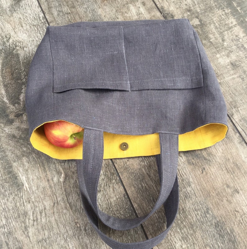Small Linen Tote Bag With Two Pockets, Handmade Linen Bag With Lining ...