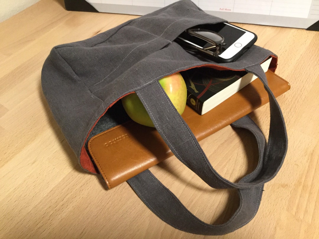 Small Linen Tote Bag With Two Pockets, Handmade Linen Bag With Lining ...