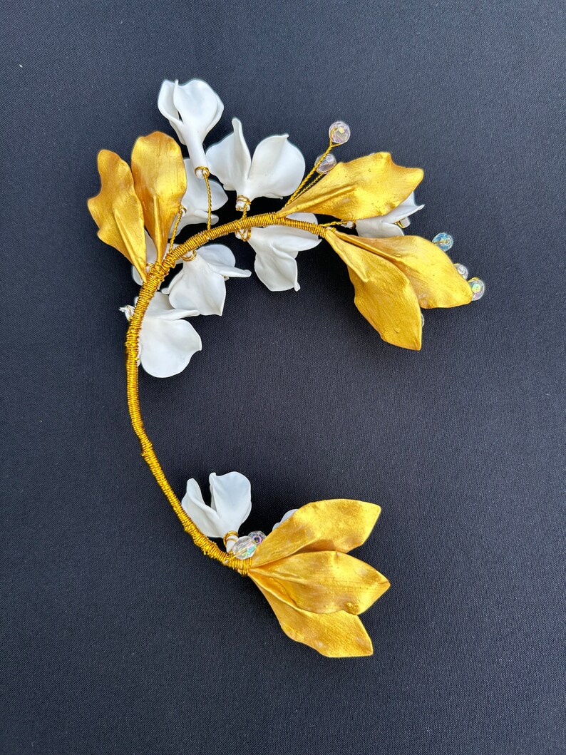 Ear Cuff White Clay Flowers With Gold Leaves Hair Accessories - Etsy