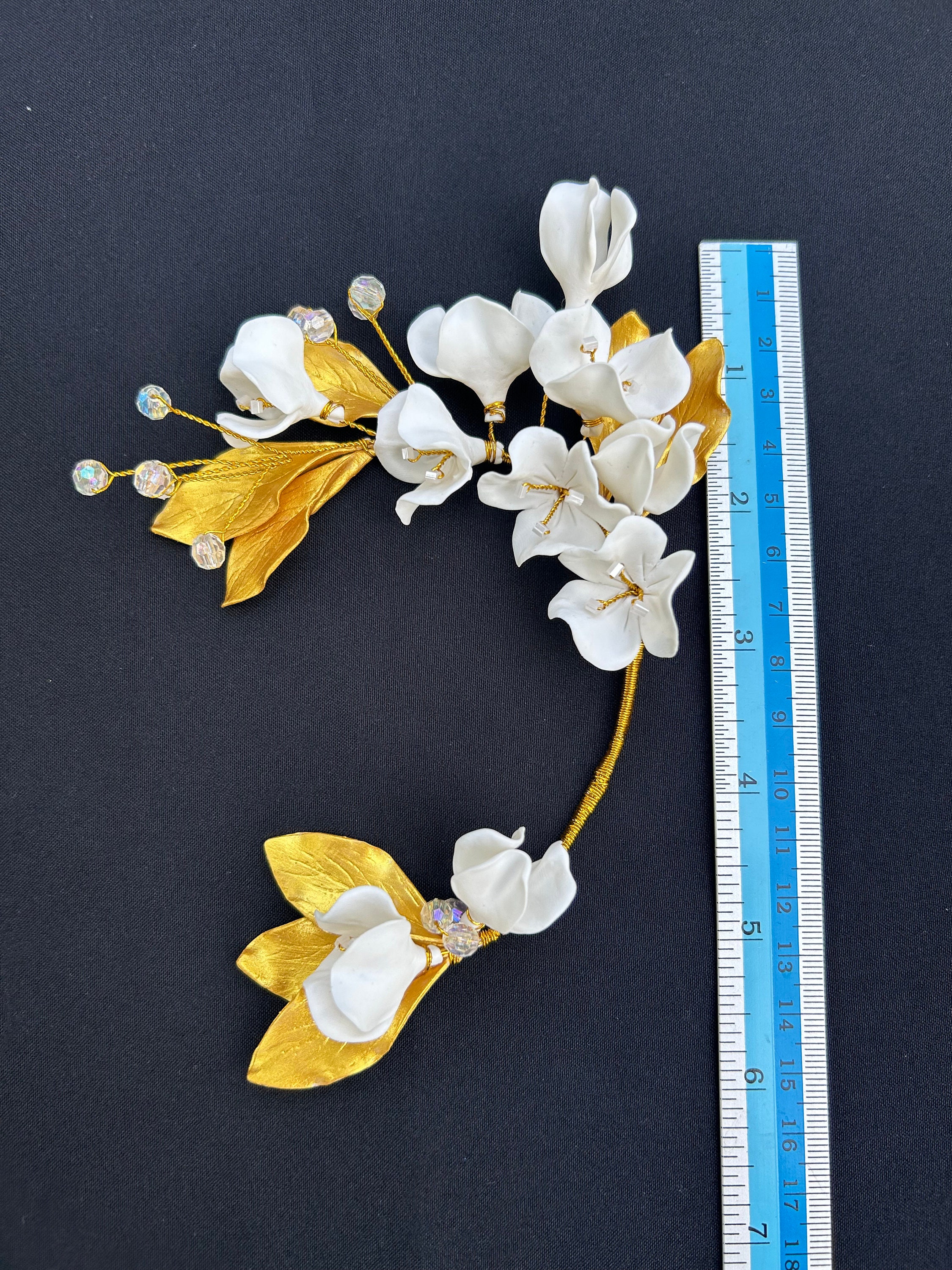 Ear Cuff White Clay Flowers With Gold Leaves Hair Accessories - Etsy