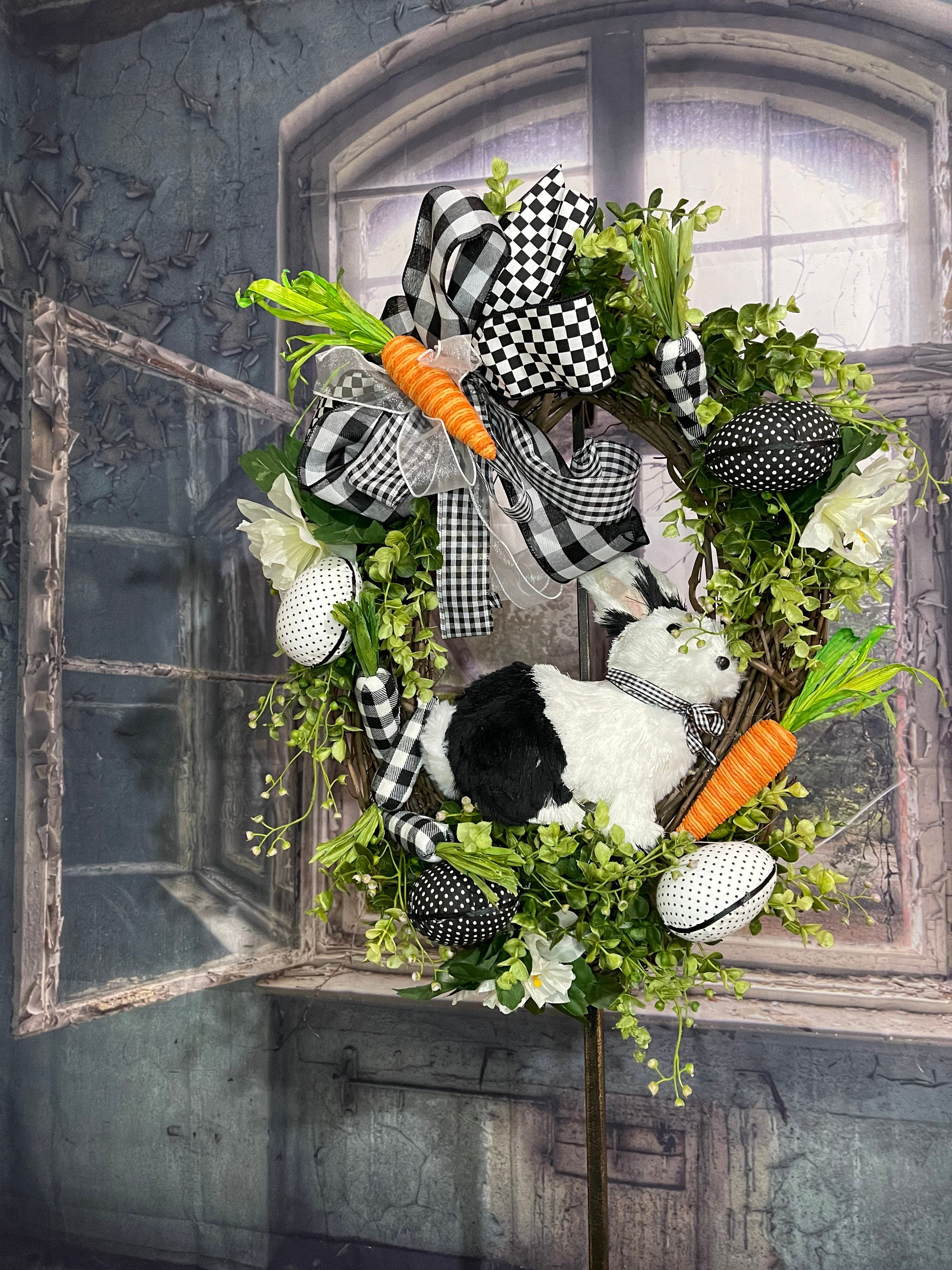 Easter bunny rabbit Wreath, Buffalo plaid Easter wreath, black and ...