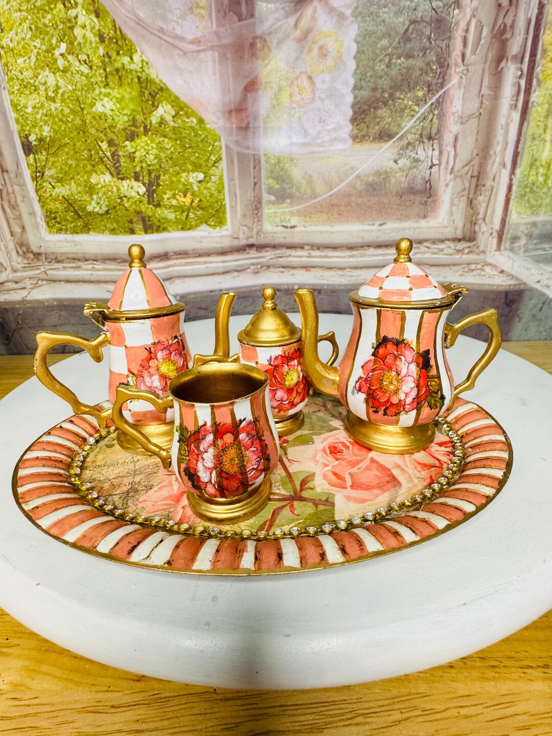 Miniature Metal Tea Set, Childs Tea Set, Hand Painted Metal Coffee or ...