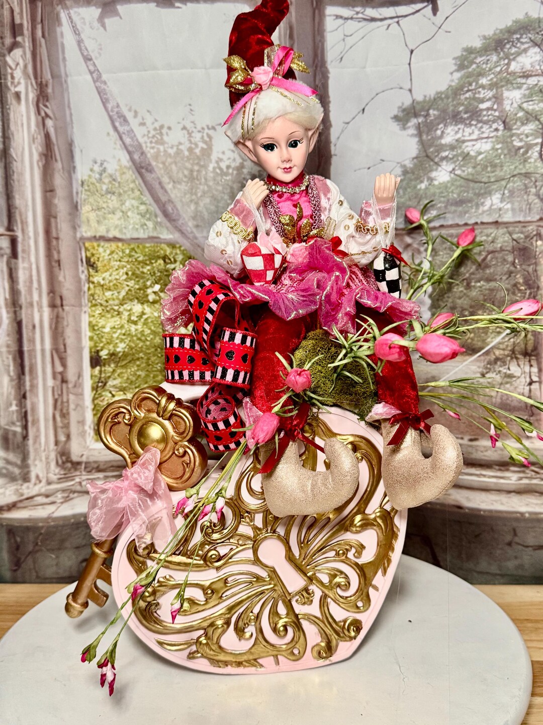 Handpainted Valentine Heart Centerpiece, Elf Doll, Lock and Key Decor ...