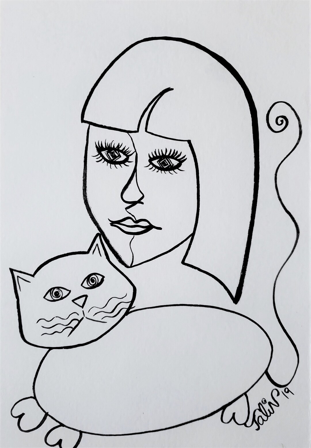 The Woman and Her Cat II 2019, Japanese Ink Brush on Paper, Line ...