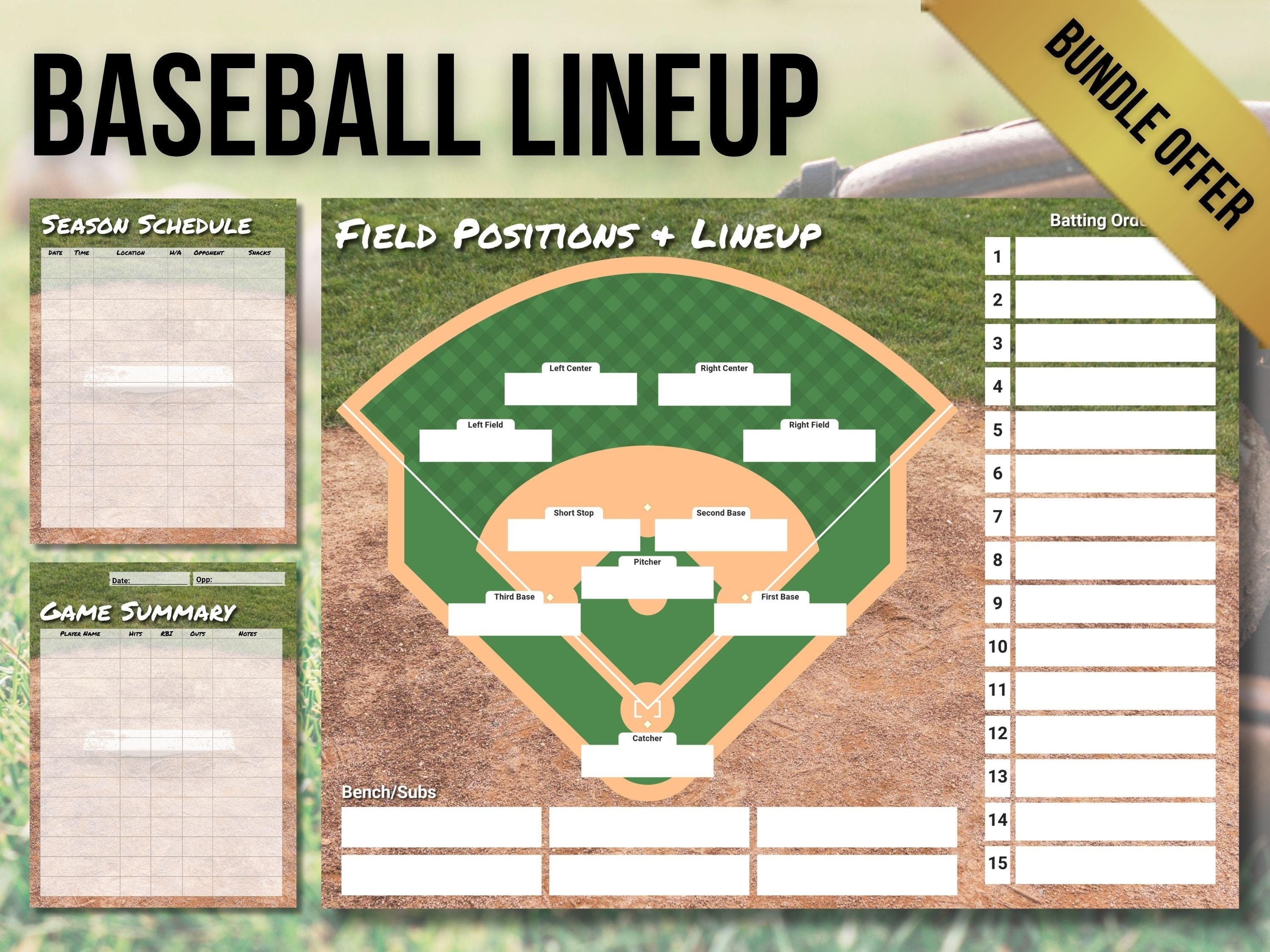 EDITABLE Baseball Softball Lineup Field Position Sheet Batting Order ...