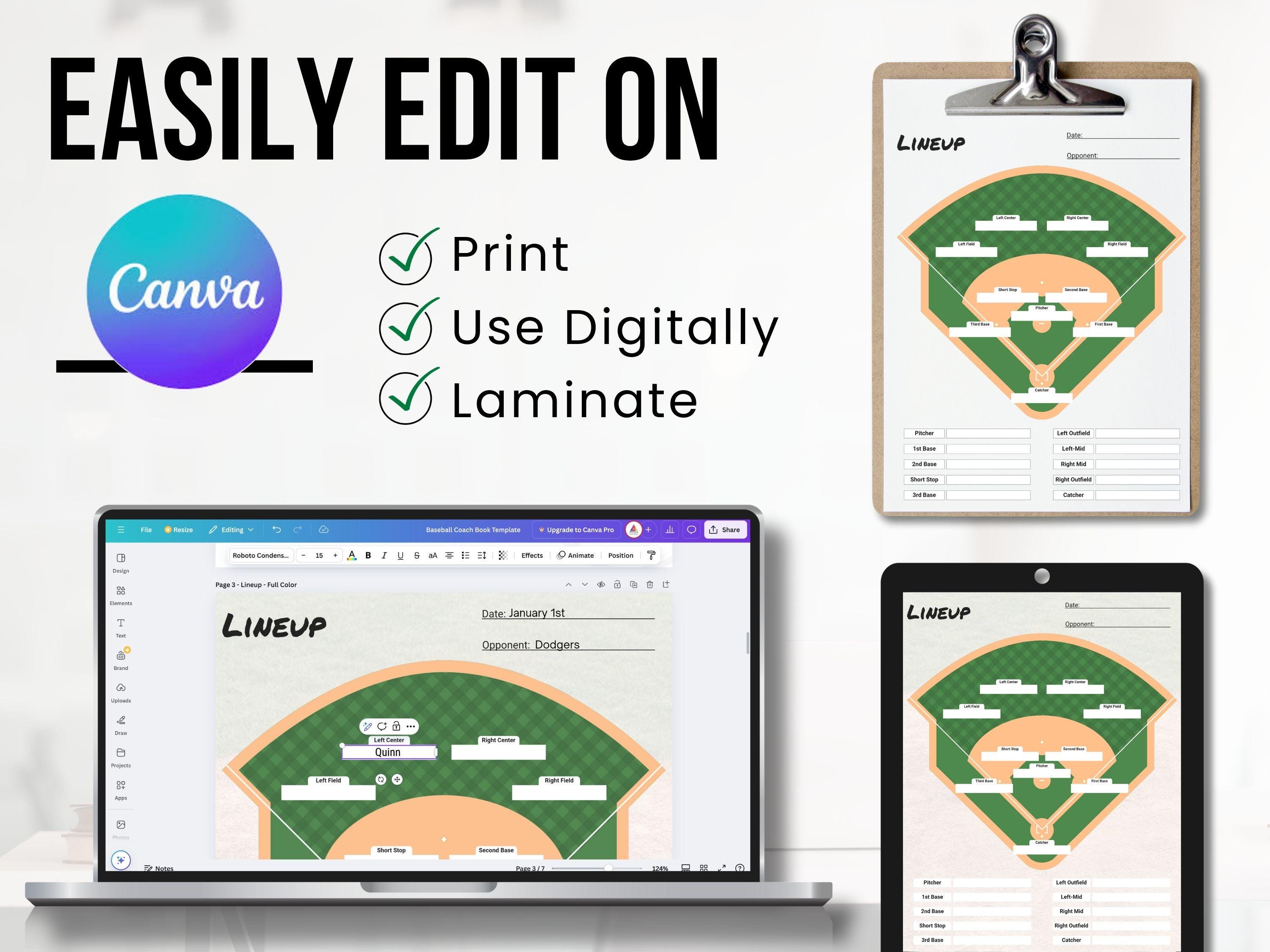 EDITABLE Baseball Softball Lineup Field Position Sheet Batting Order ...