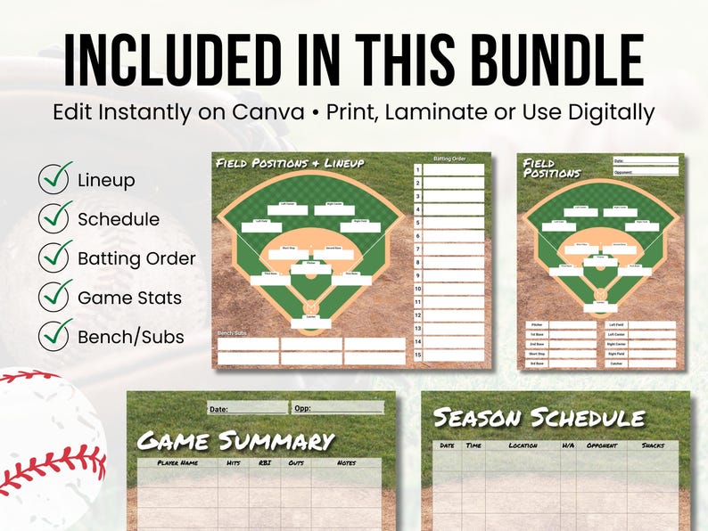 EDITABLE Baseball Softball Lineup Field Position Sheet Batting Order ...