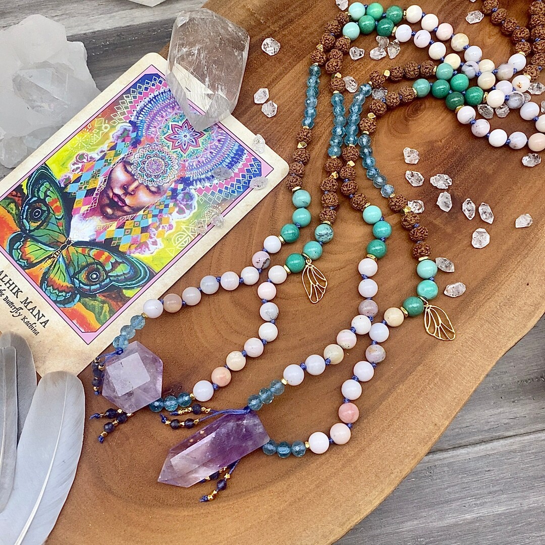 Nature Goddess Amethyst Crystal Mala Necklace Rudraksha Pink Opal ...