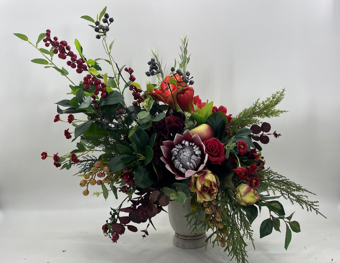 Large Artificial Christmas Centerpiece, Artificial Floral Arrangement, Deep Jewel Toned ...