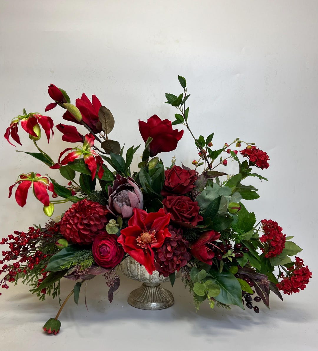 Grande Luxurious Christmas Centerpiece, Artificial Floral Arrangement, Deep Jewel Toned ...