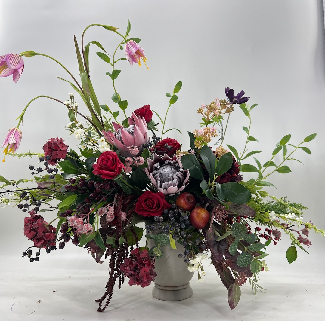 Large Artificial Flower Centerpiece, Artificial Floral Arrangement, Deep Jewel Toned Centerpiece ...
