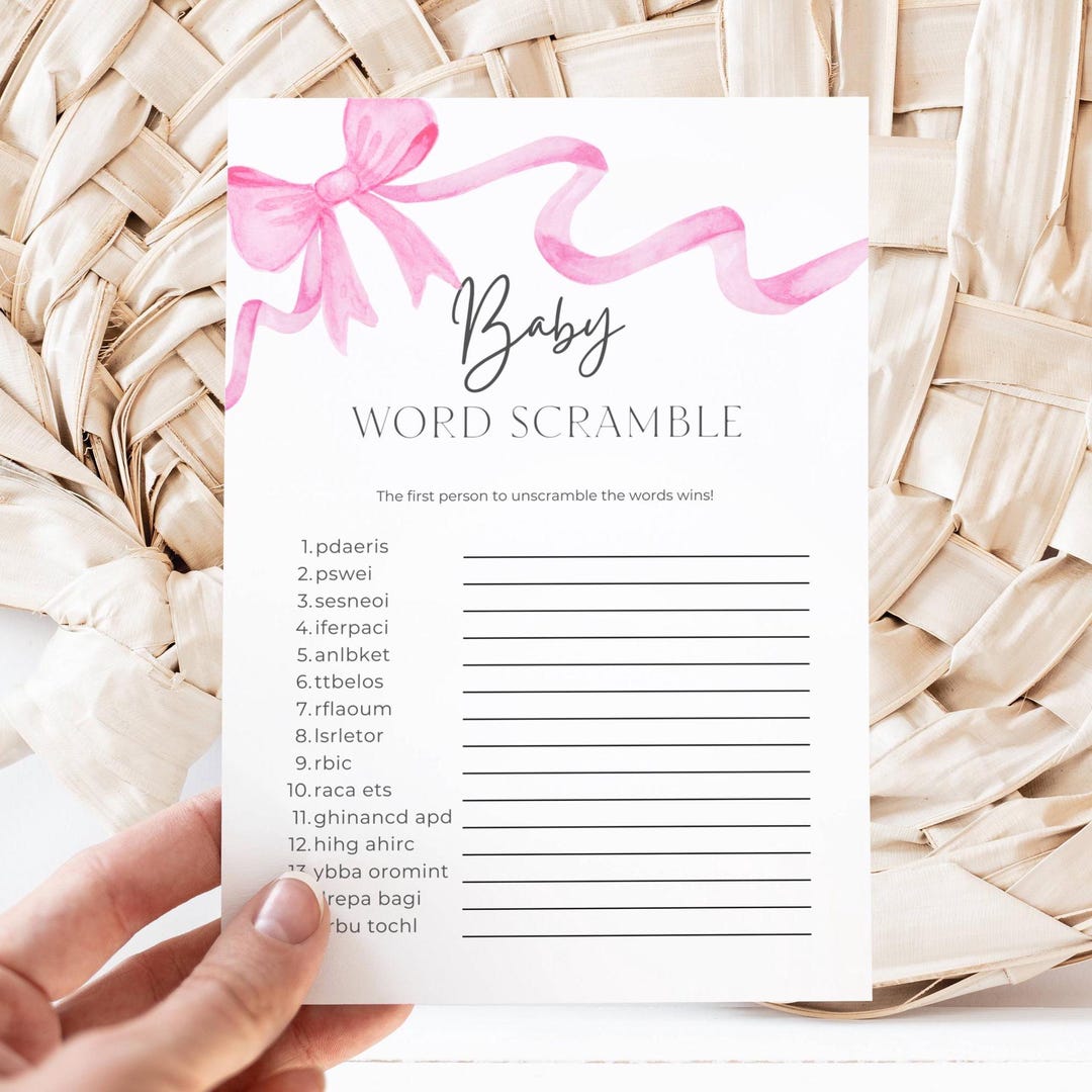 Pink Bow Baby Word Scramble, Fun Baby Shower Games, Coquette Aesthetic ...