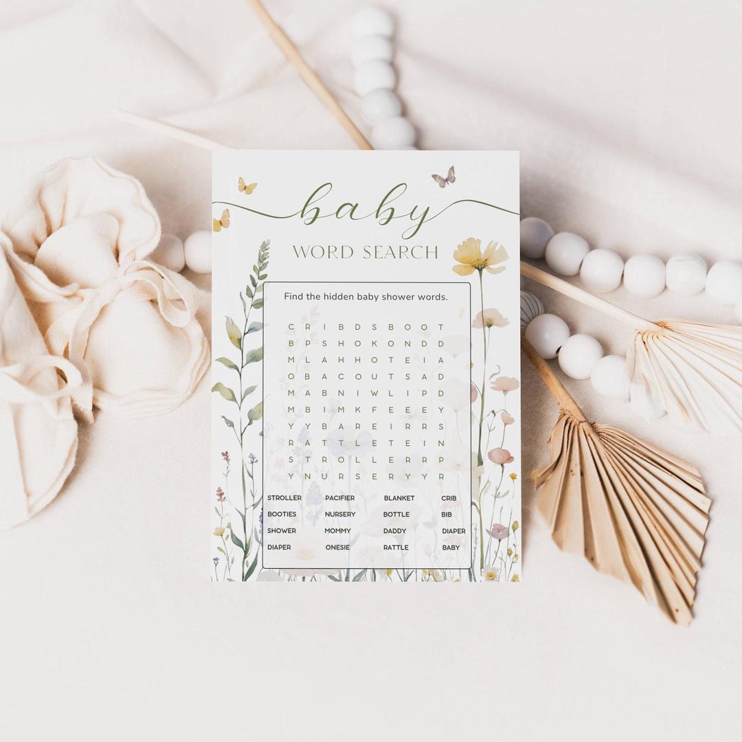 Wildflower Word Search Fun Baby Shower Game | Baby in Bloom Girl Shower ...