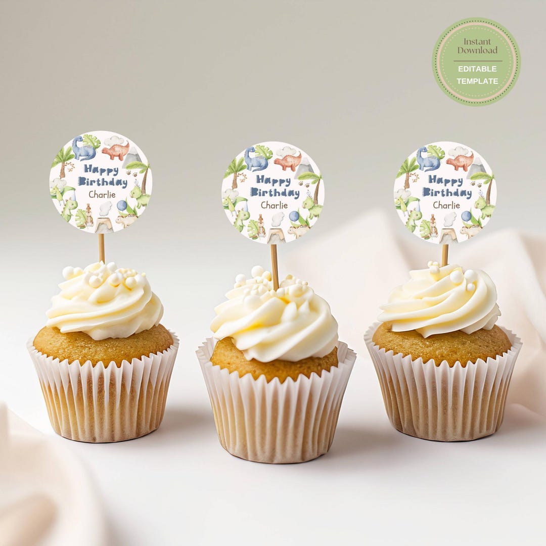 Dinosaur Birthday Cupcake Toppers: Watercolor Dino Party Decor (digital ...