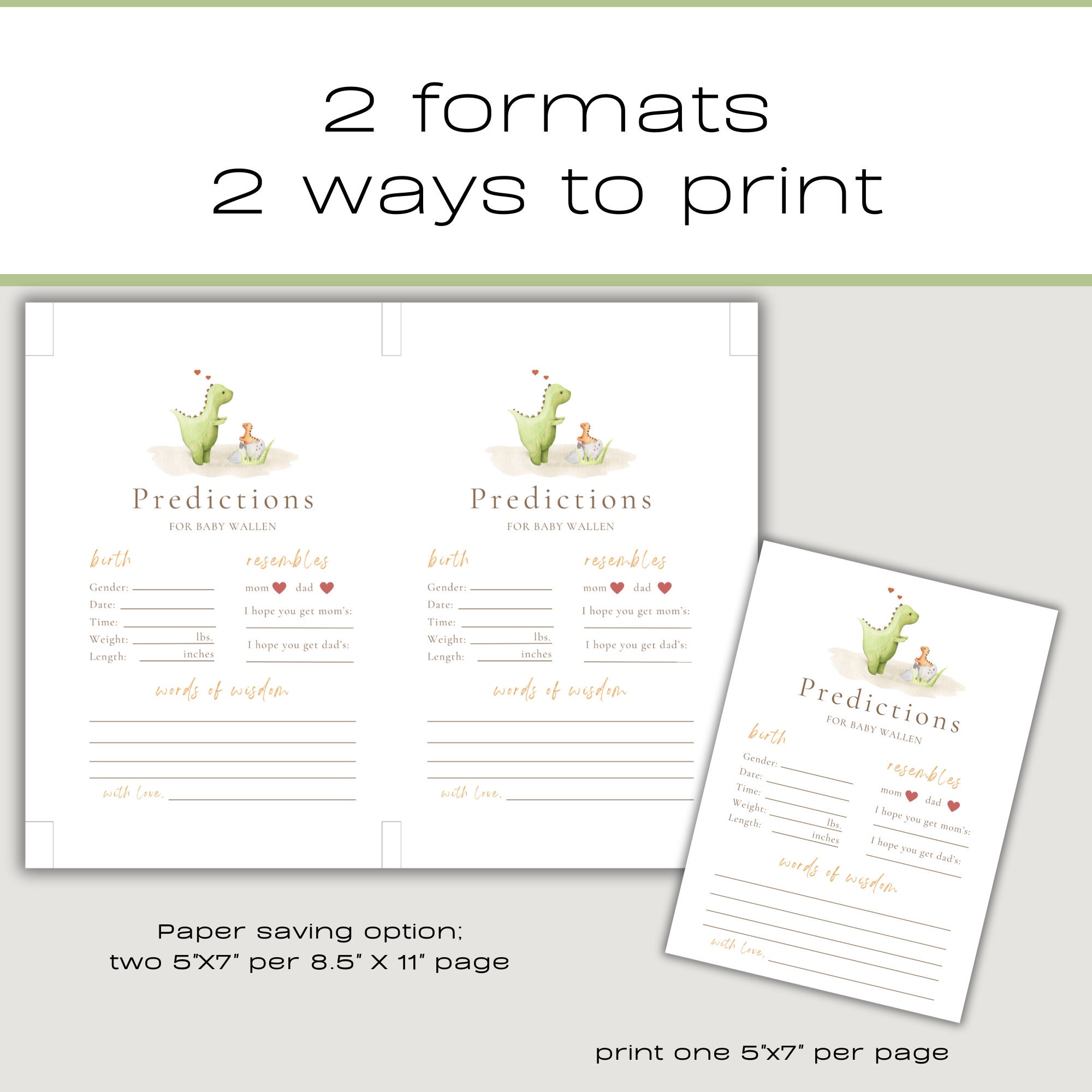 Dinosaur Baby Shower Prediction Cards, Wishes for Baby, Watercolor ...