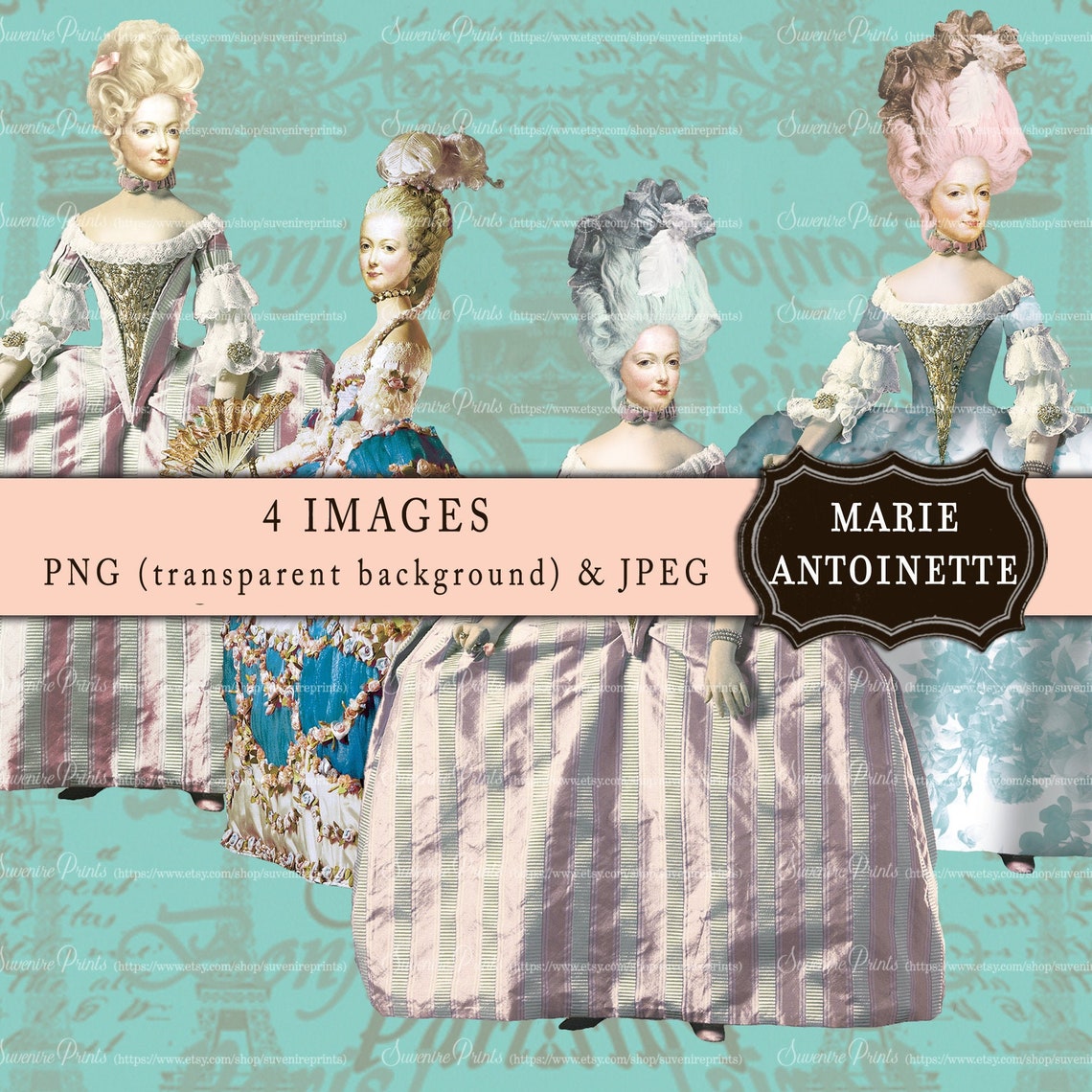 0215 Marie Antoinette Figures - Vintage Style - 2 A4 2 Png - 2 Jpeg - 4 ...