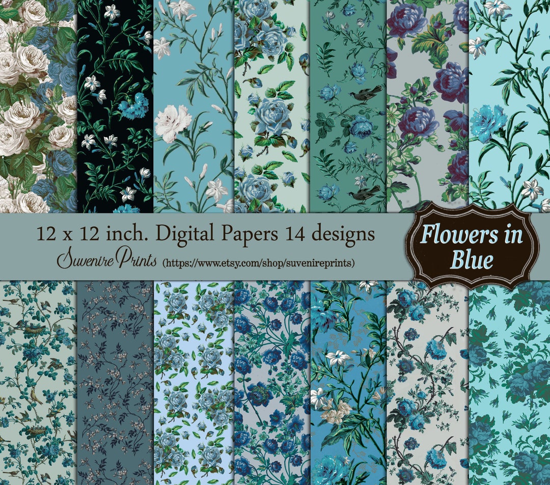 0220 Flowers in Blue 12 X 12 Inch. 14 Digital Papers - Etsy