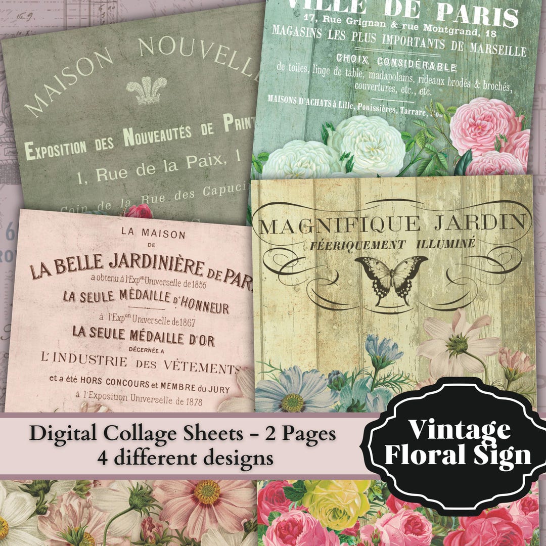 0201 Vintage Floral Sign - 4 Different Designs - 2 Sheets - Wall Decor ...