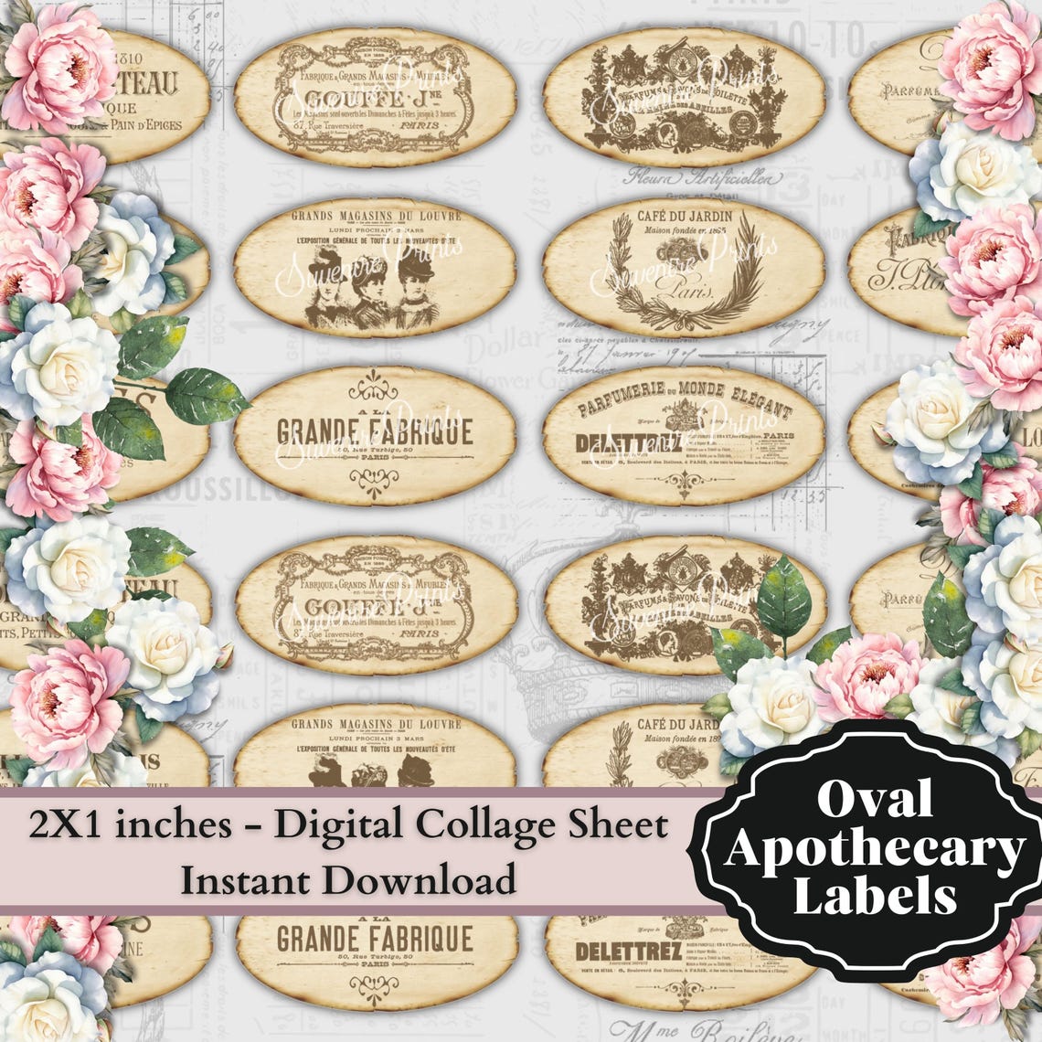 0212 2X1 Inch Labels - 30 Ovals - Shabby Chic - Digital Oval Image ...