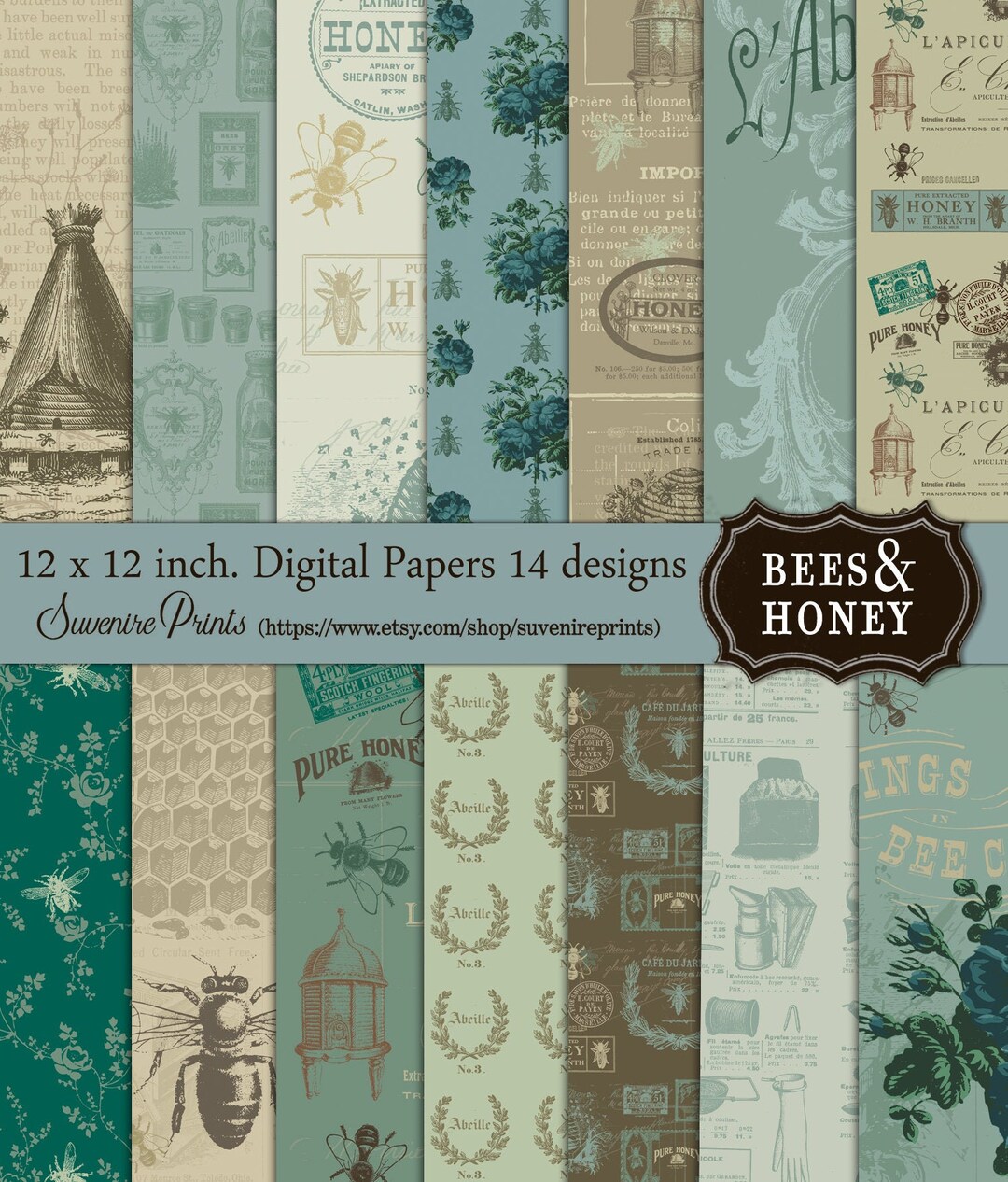 0208 Bees & Honey Papers Vintage Style 12 X 12 Inch. 14 Digital Papers ...