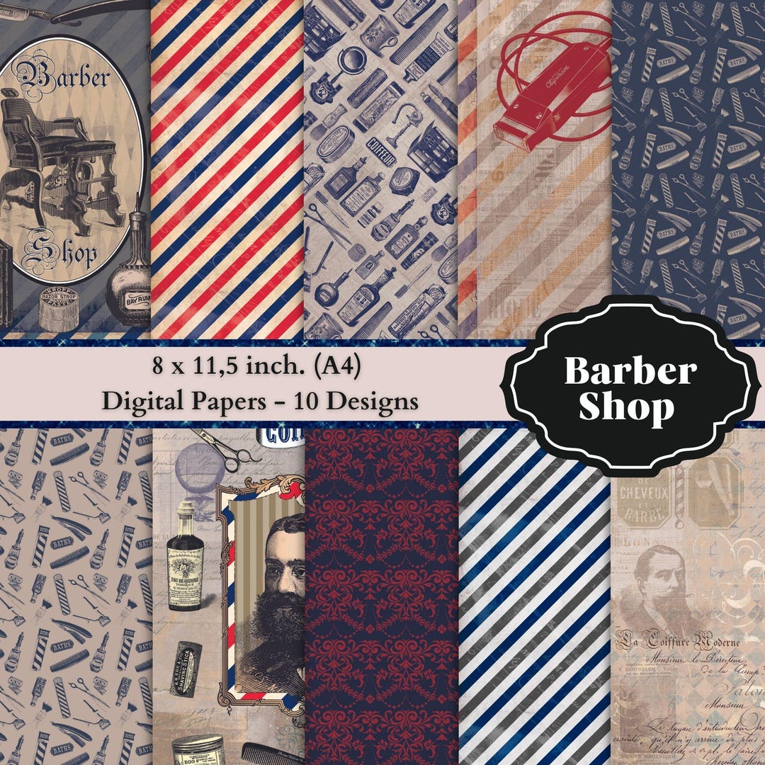 0216 Barber Shop Papers - 8 X 11,5 Inch. - Vintage Style - 8 Digital ...
