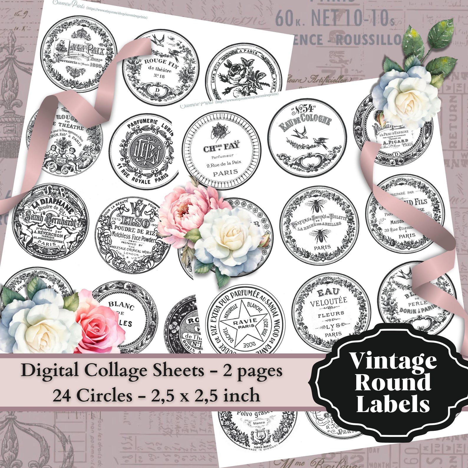 0229 Shabby Chic Labels - 24 Circles - 2,5 X 2,5 Inch - Digital Circle ...