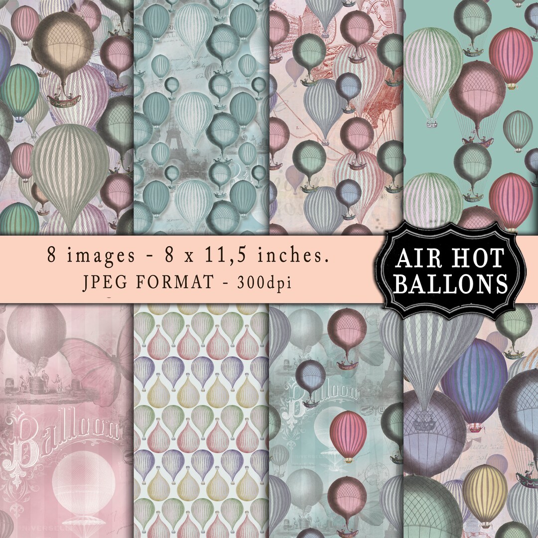0218 Air Hot Ballons Digital Papers - 8 X 11,5 Pulgadas - Vintage Style ...