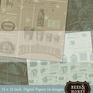 0208 Bees & Honey Papers - Vintage Style - 12 X 12 Inch. - 14 Digital ...