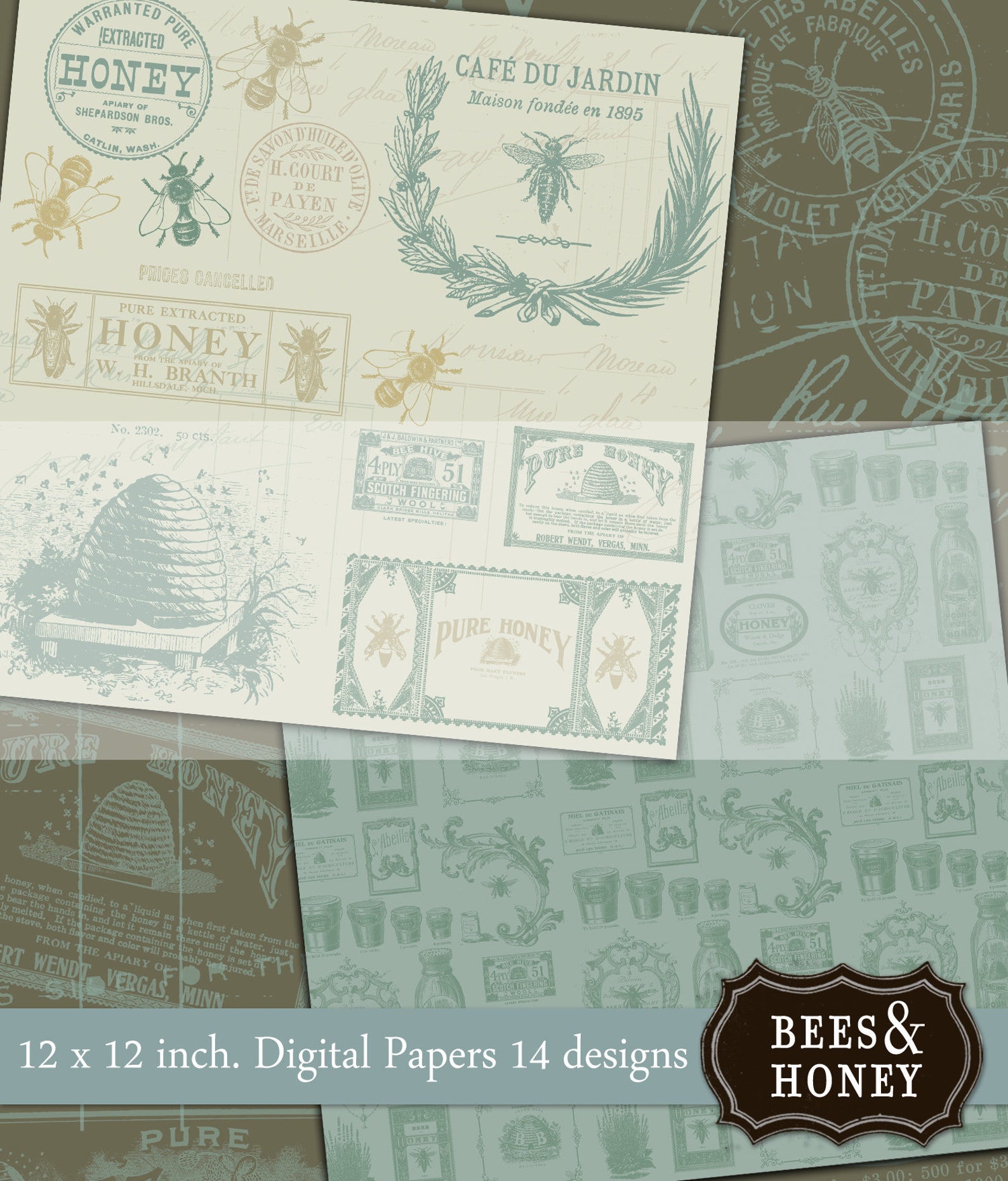 0208 Bees & Honey Papers - Vintage Style - 12 X 12 Inch. - 14 Digital ...