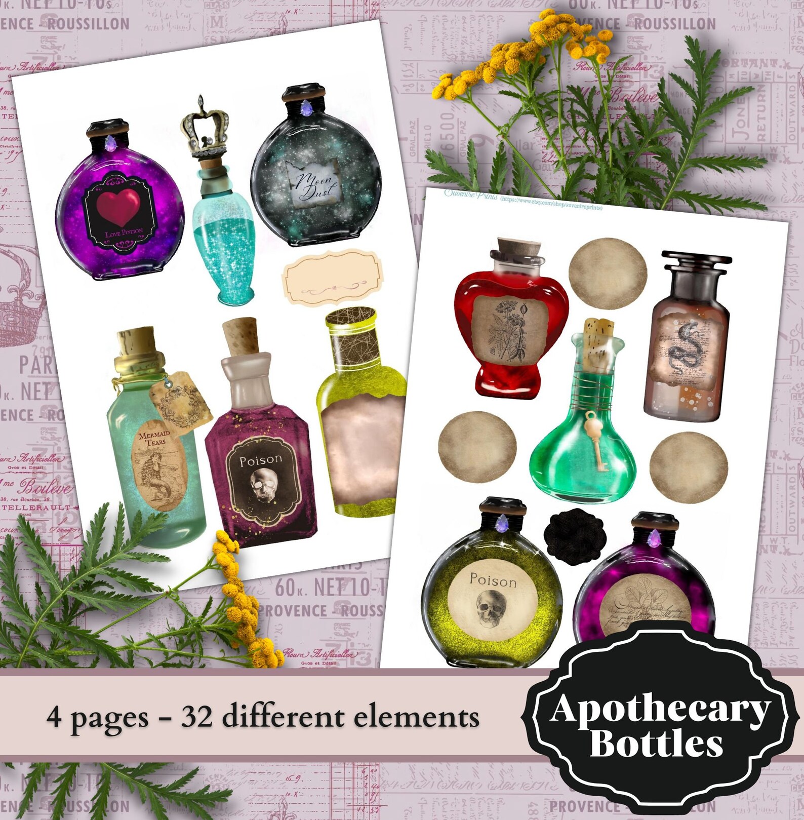 0242 Apothecary Bottles 4 Pages A4 32 Elements Digital Collage Sheet ...