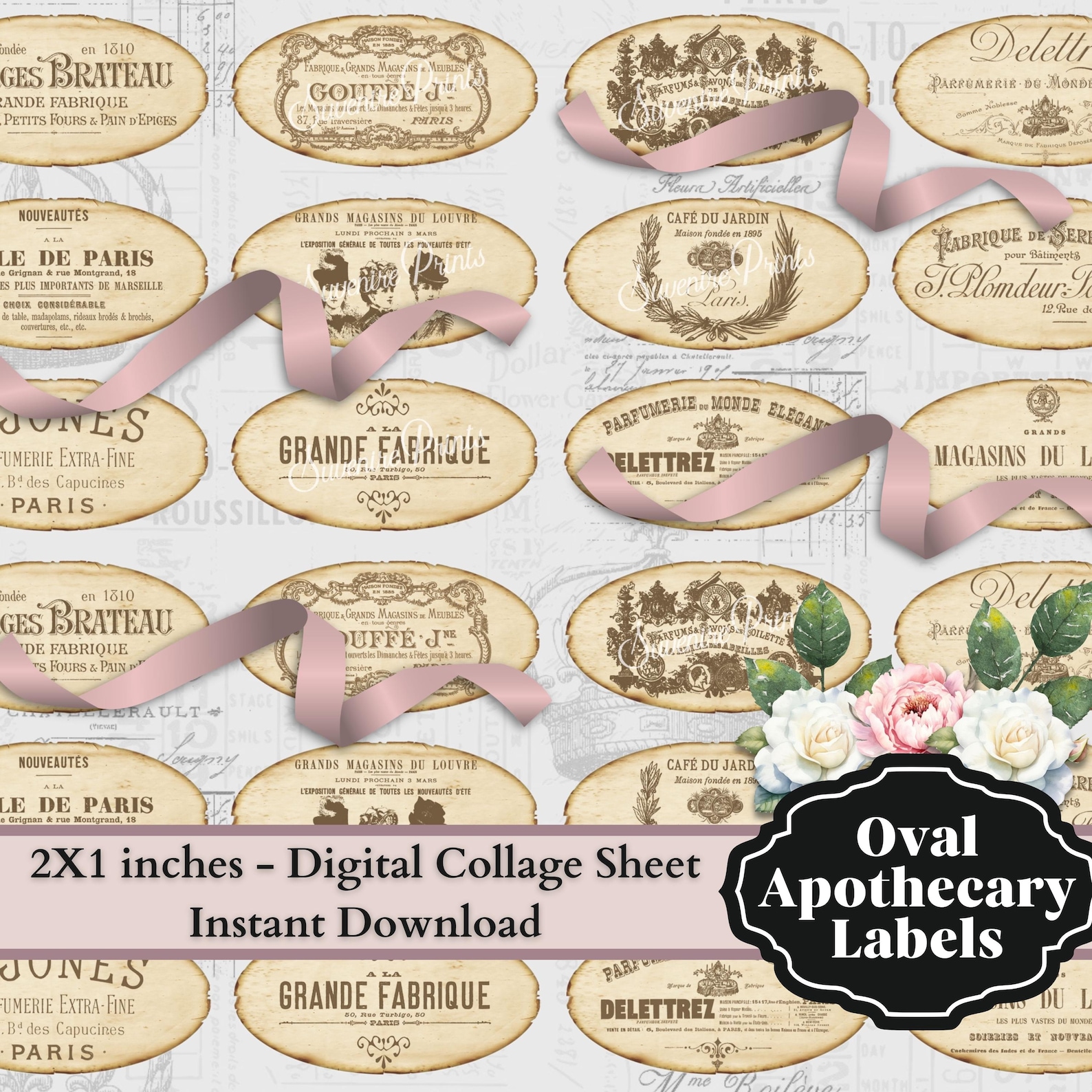 0212 2X1 Inch Labels - 30 Ovals - Shabby Chic - Digital Oval Image ...
