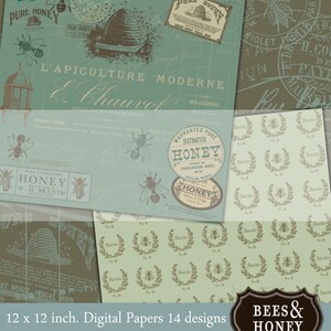 0208 Bees & Honey Papers Vintage Style 12 X 12 Inch. 14 Digital Papers ...