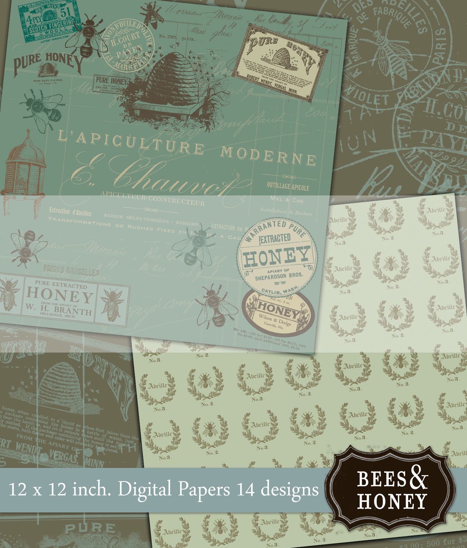 0208 Bees & Honey Papers - Vintage Style - 12 X 12 Inch. - 14 Digital ...