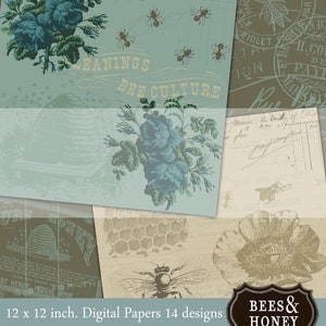 0208 Bees & Honey Papers - Vintage Style - 12 X 12 Inch. - 14 Digital ...