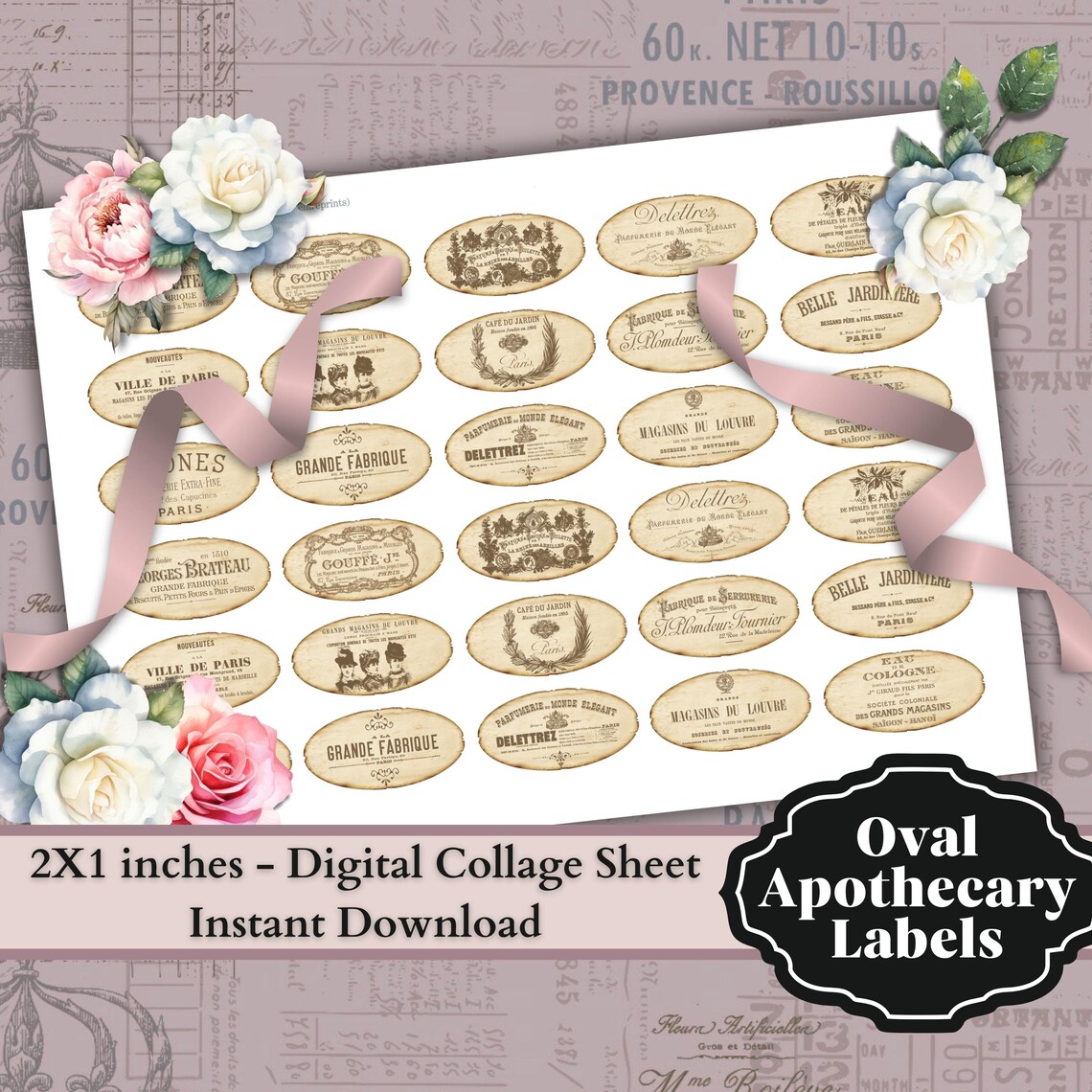 0212 2X1 Inch Labels - 30 Ovals - Shabby Chic - Digital Oval Image ...