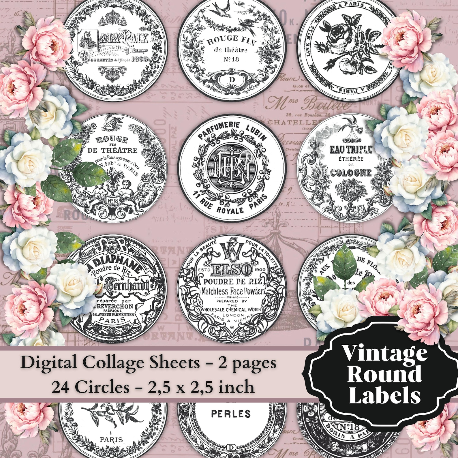 0229 Shabby Chic Labels - 24 Circles - 2,5 X 2,5 Inch - Digital Circle ...