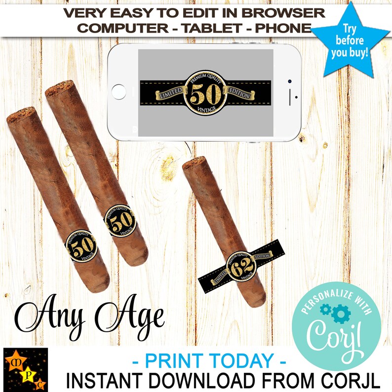 Editable Cigar Labels 50th Birthday Any Age Cigar Band Gold - Etsy