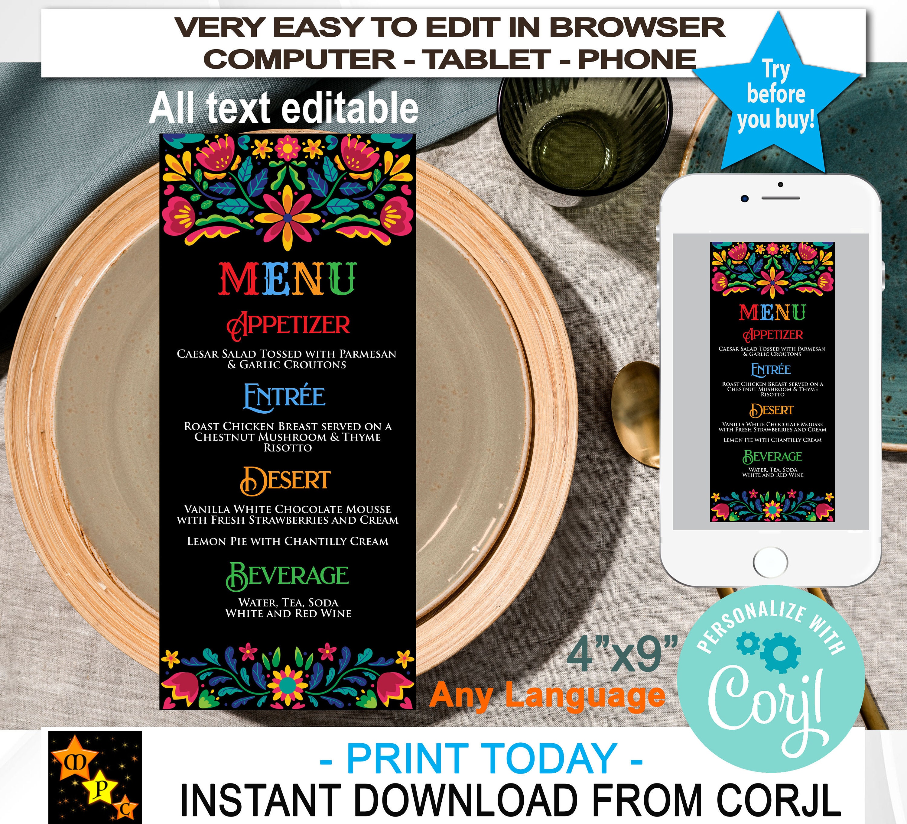 Mexican Style Menu Editable Flowers All Text Editable Any - Etsy