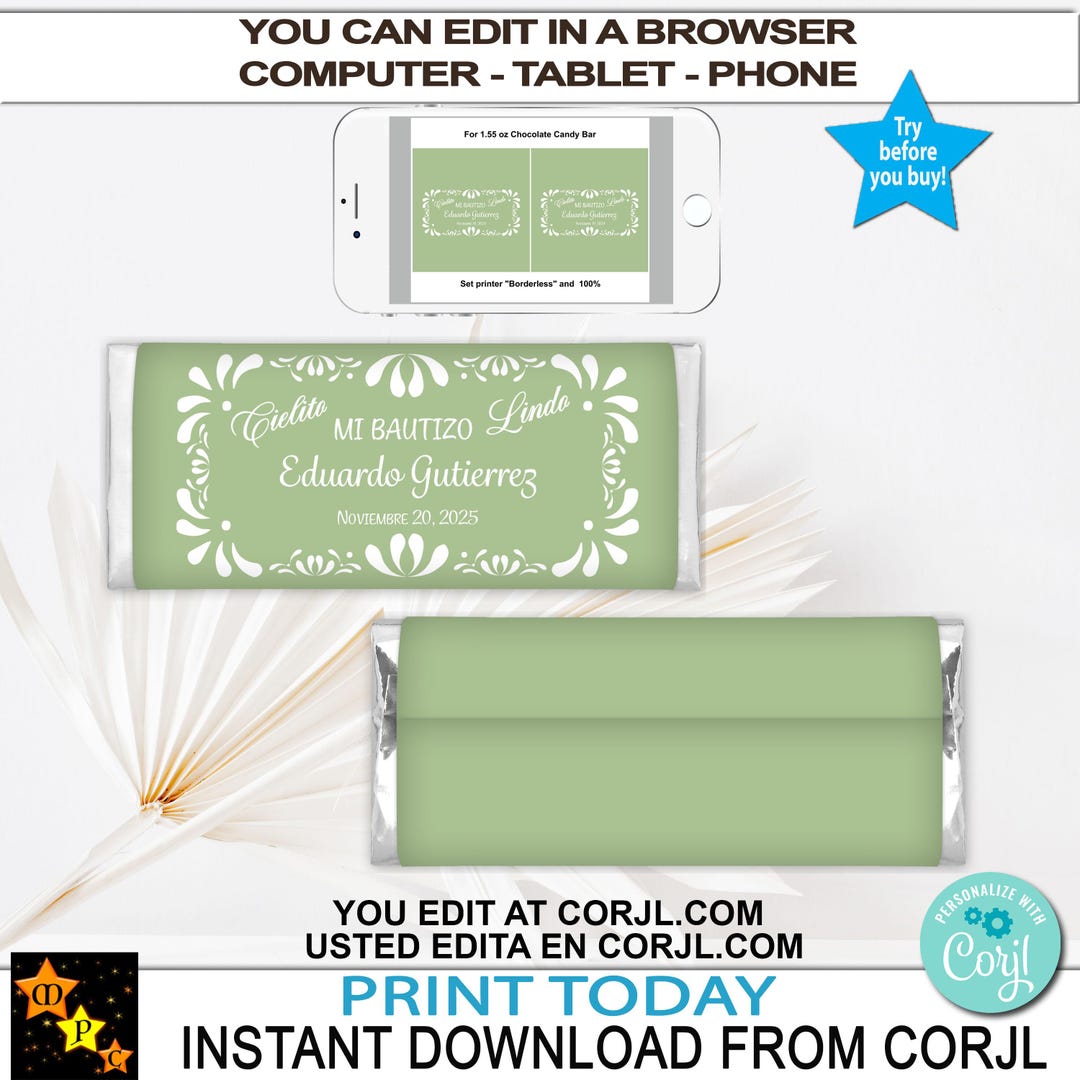 Mi Bautizo Chocolate Wrapper, Mexican Sage Theme (printable) - Etsy