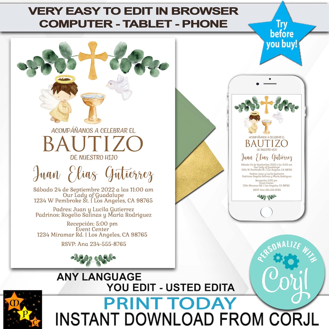 Spanish Baptism and 1st (any Age) Birthday Invitation, Angel, Angelito ...