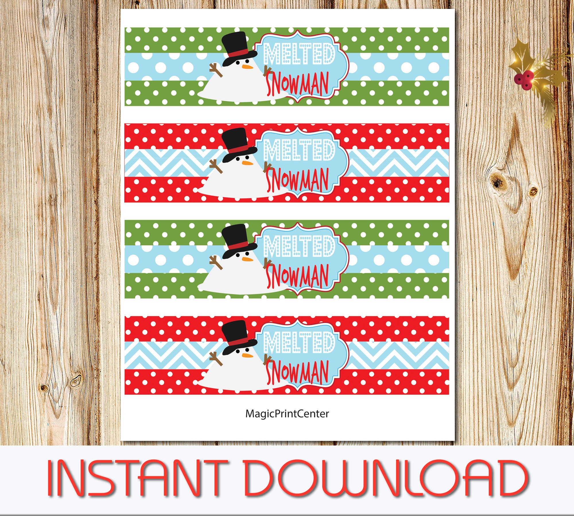 Printable Melted Snowman Water Bottle Label, Christmas Party (instant ...