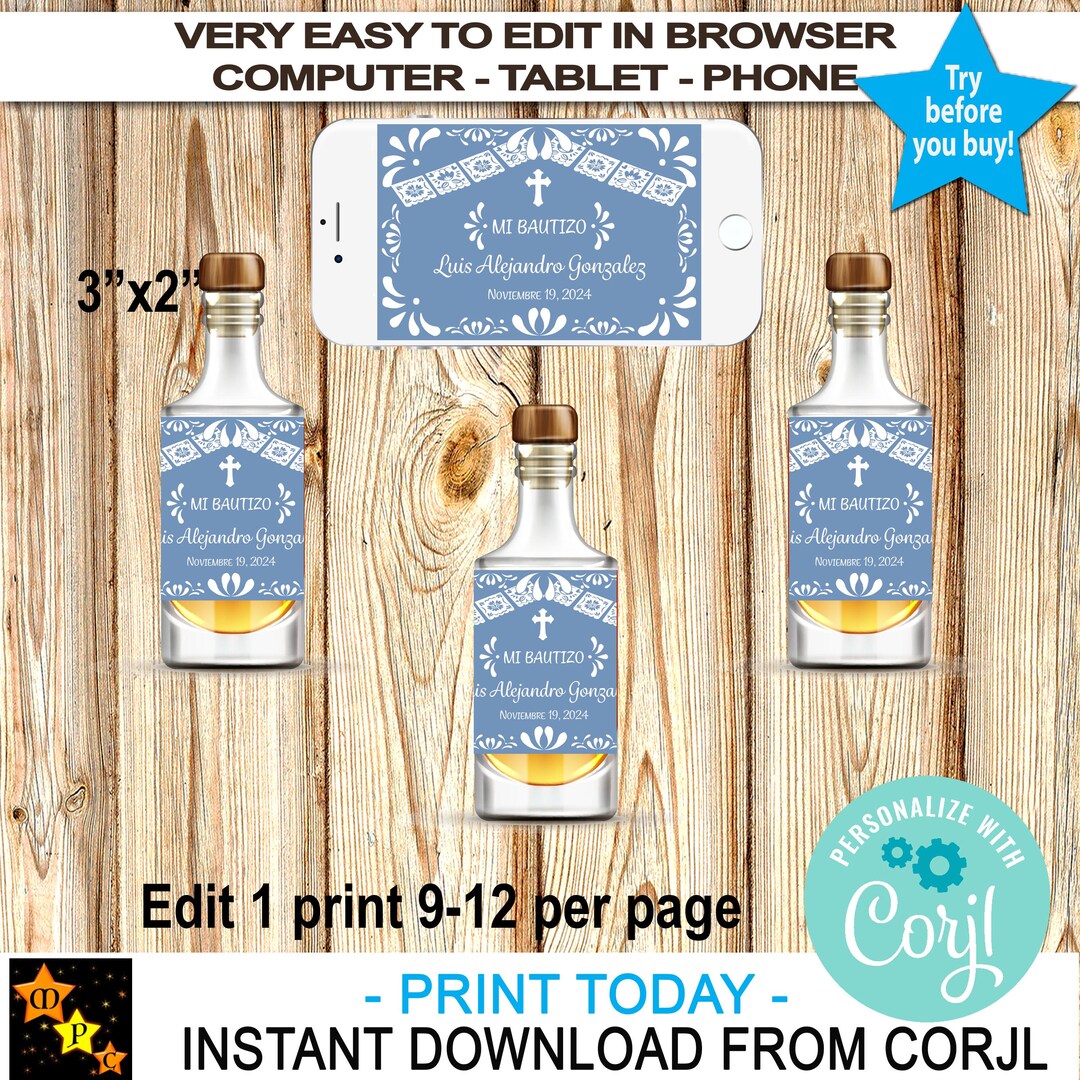 Baptism Mini Liquor Bottle Labels, Blue Barro Theme, Editable ...