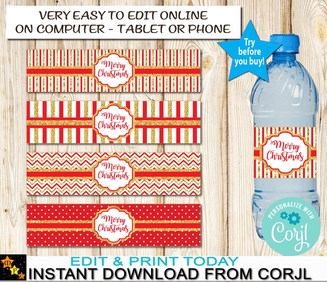 Editable Christmas Water Bottle Labels, 4 Designs, Red and Gold ...