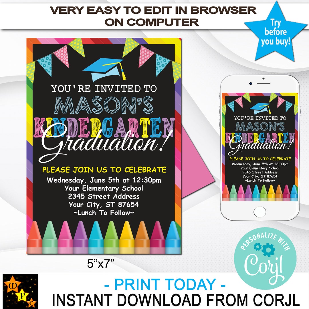 Kindergarten Graduation Invitation, Printable, Boy, Edit and Download ...