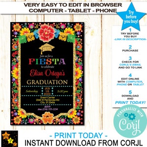 Graduation Invitation, Mexican Flowers, Mexican Fiesta Theme, Instant ...