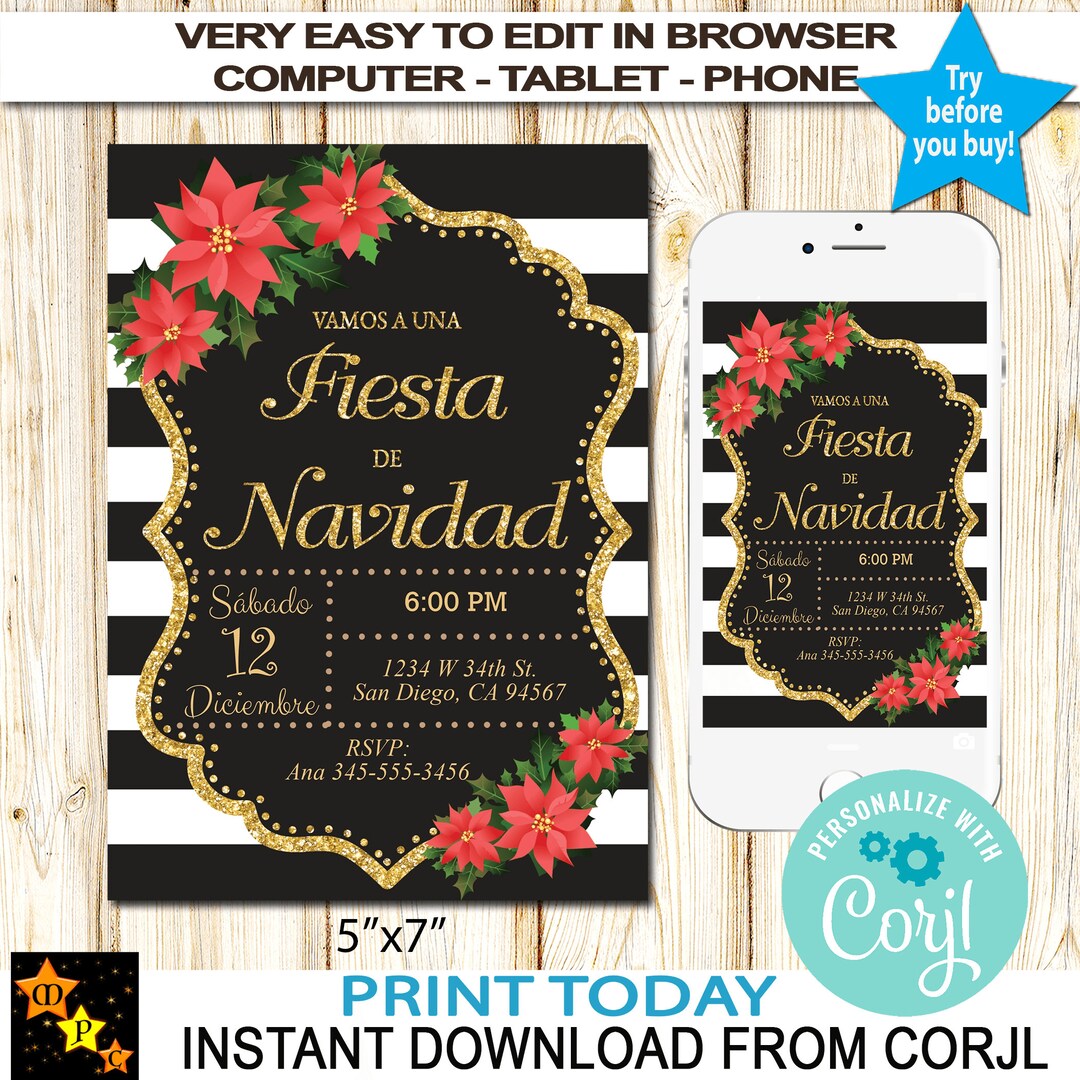 Spanish Christmas Party Invitation, Red and Gold, Christmas Flowers ...