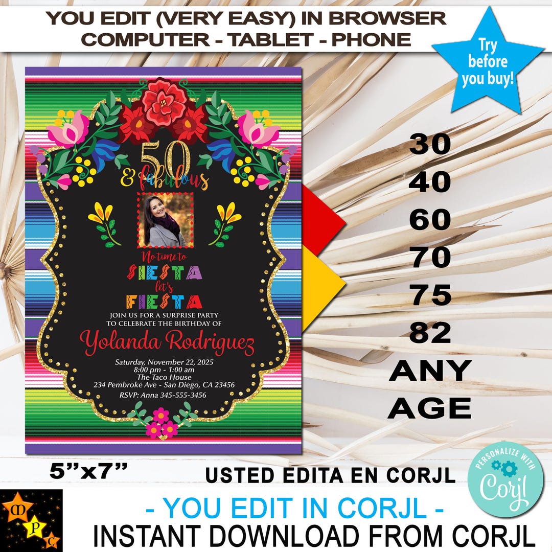 Mexican Fiesta Birthday Invitation: English Photo, Sarape Flowers (5x7 ...